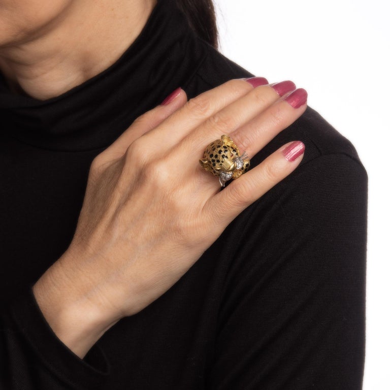 Leopard Ring Vintage 18k Yellow Gold Diamond Ruby Eyes Black Enamel ...