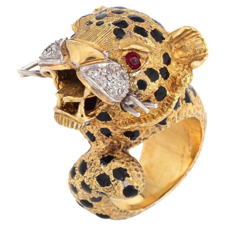 Leopard Ring Vintage 18k Yellow Gold Diamond Ruby Eyes Black Enamel ...