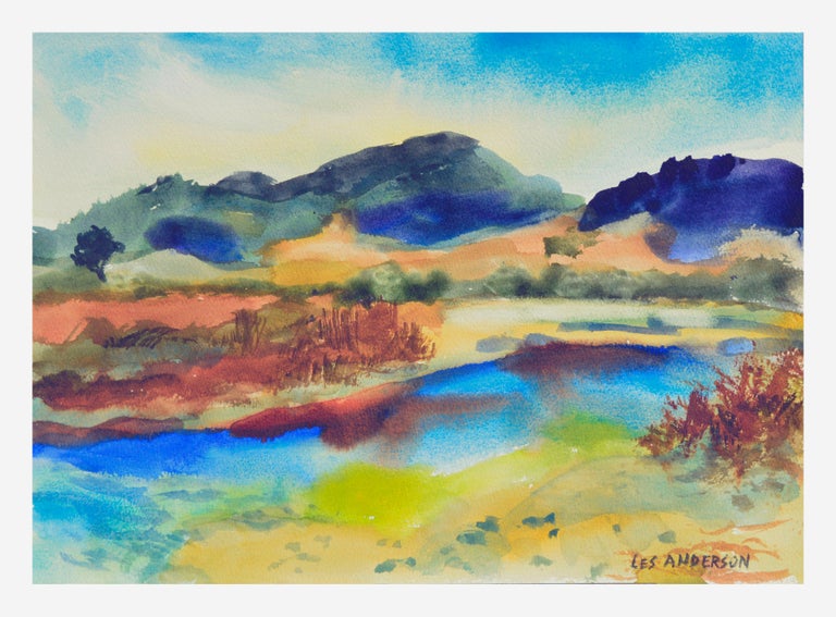Les Anderson - Tranquil Lake Watercolor Landscape For Sale at 1stdibs