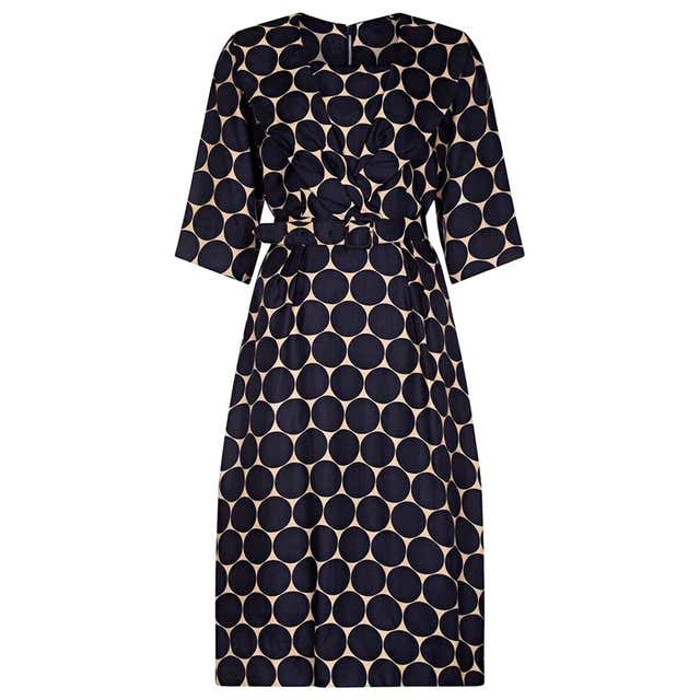 Leslie Fay 1950s Silk Navy And Cream Circle Print Dress With Belt At
