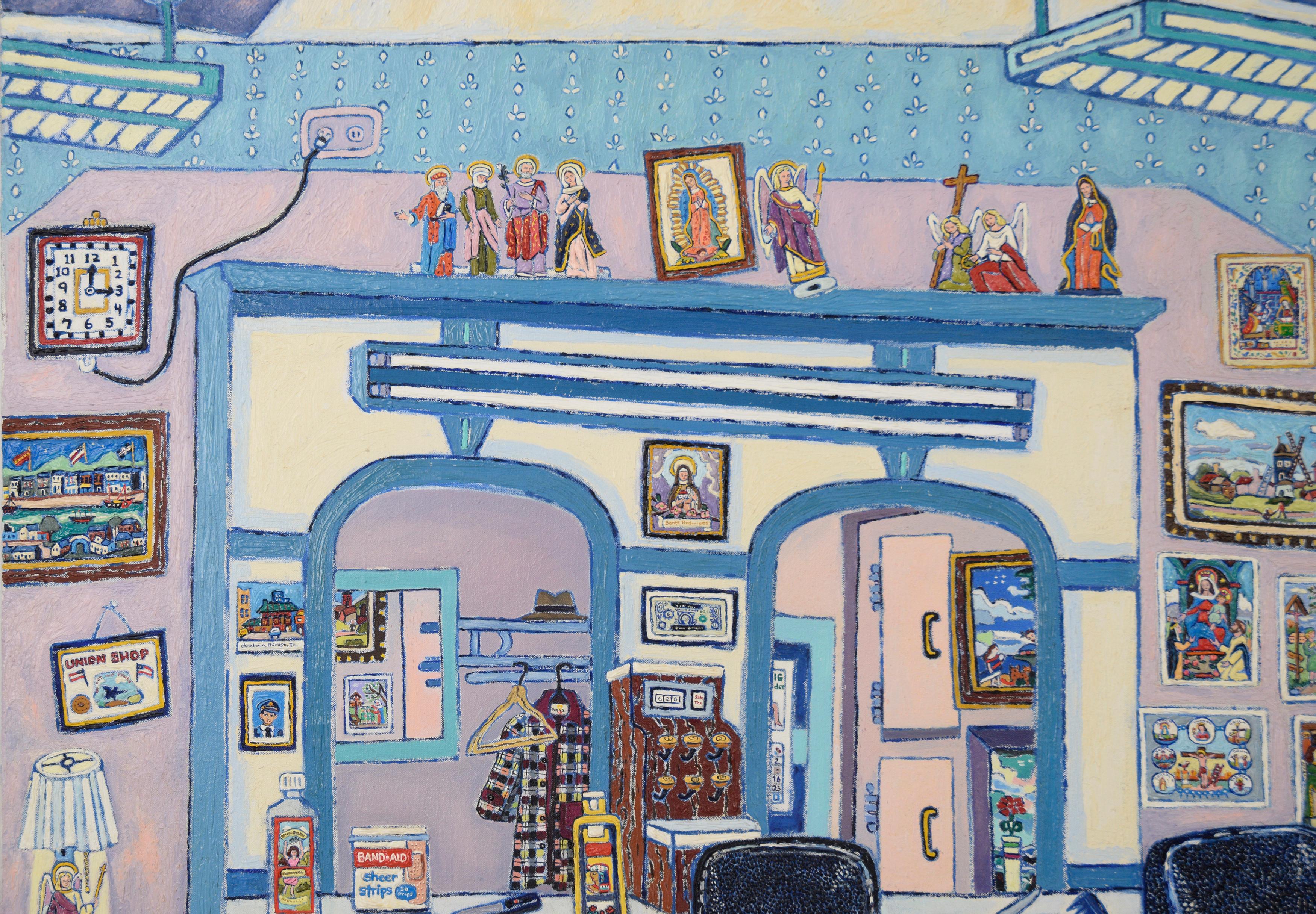 Leslie Lew - Large Scale 1980s Chicago Barber Shop Sculpted Oil ...