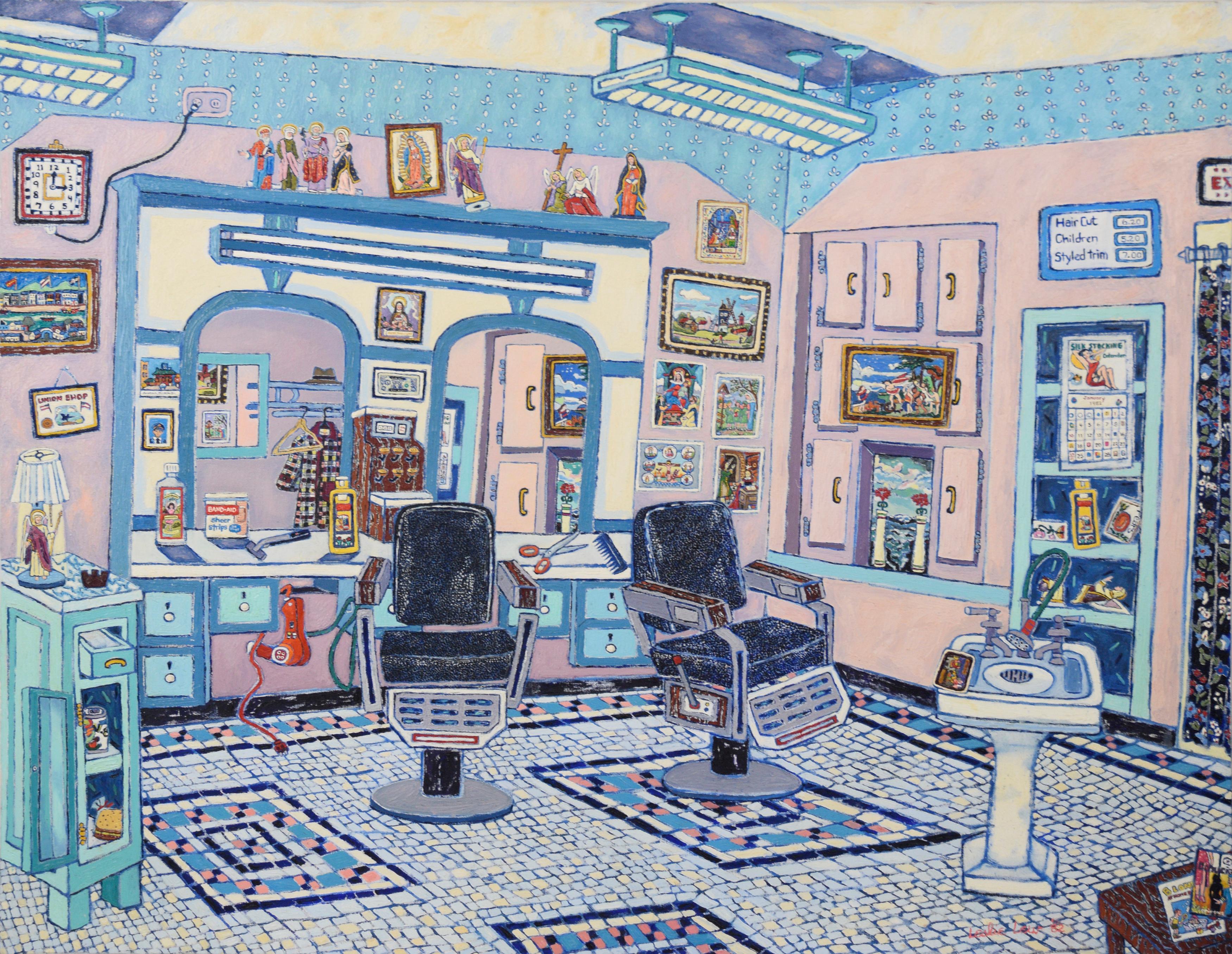 Leslie Lew - Large Scale 1980s Chicago Barber Shop Sculpted Oil ...