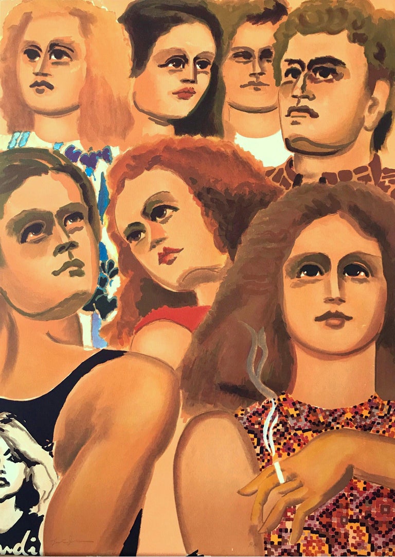 Lester Johnson - CLOSE UP Hand Drawn Lithograph Closeup Crowd Portrait ...