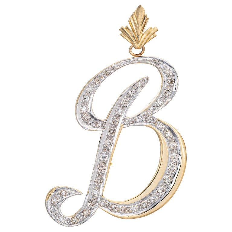 Letter B Diamond Pendant Large Cursive Initial 14 Karat Gold Estate Jewelry at 1stDibs