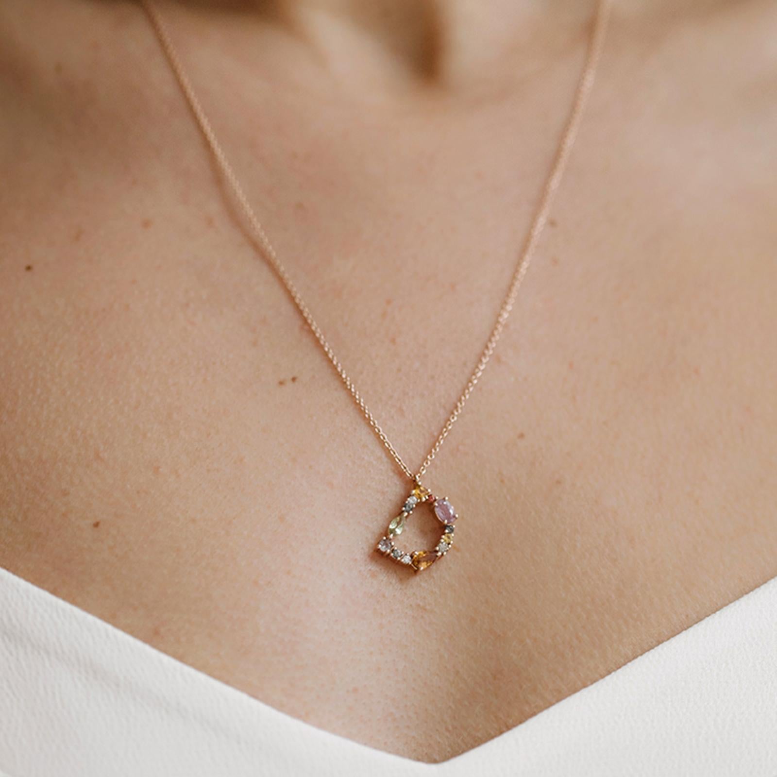 Letter D Charm Rainbow Pendant 1.12 Carat Diamonds, Sapphires 14K Gold ...