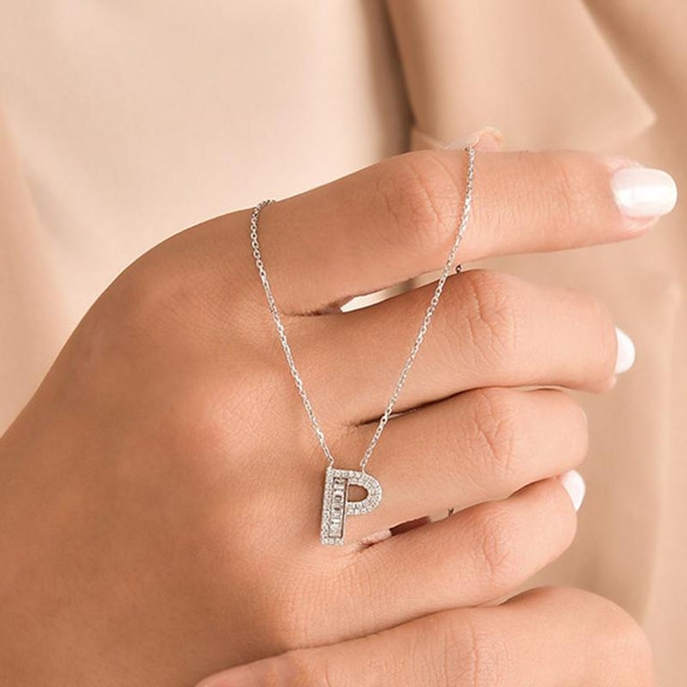 Letter P Baguette Diamond Necklace 14K Solid White Gold, Valentine's ...