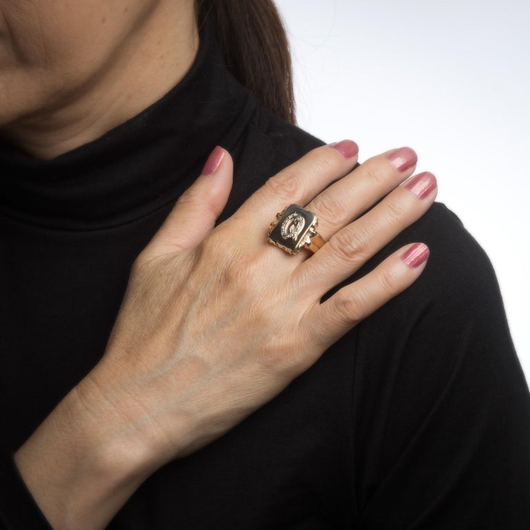 Letter Q Signet Ring Vintage 14 Karat Yellow Gold Square Men's Initial ...