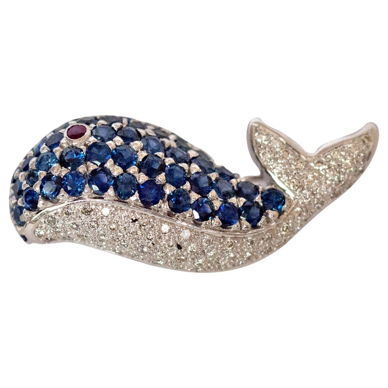LeVian White Gold Sapphire and Diamond Whale Pin For Sale at 1stDibs