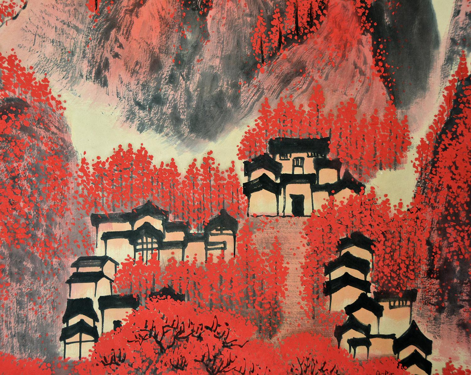 Li Keran Chinese "Ten Thousand Crimson Hills" Ink and Cinnabar on Paper ...