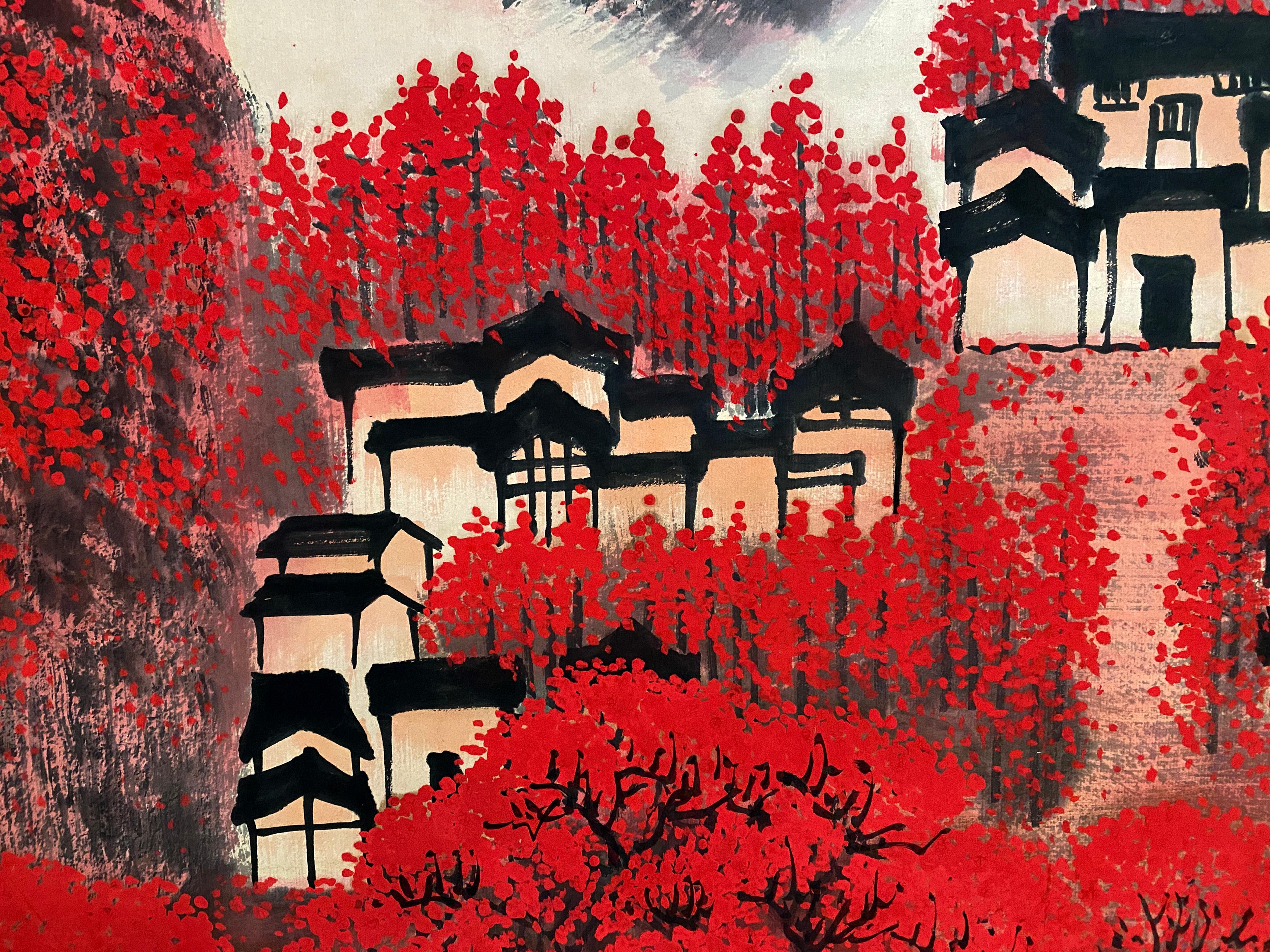 Li Keran Chinese "Ten Thousand Crimson Hills" Ink and Cinnabar on Paper ...