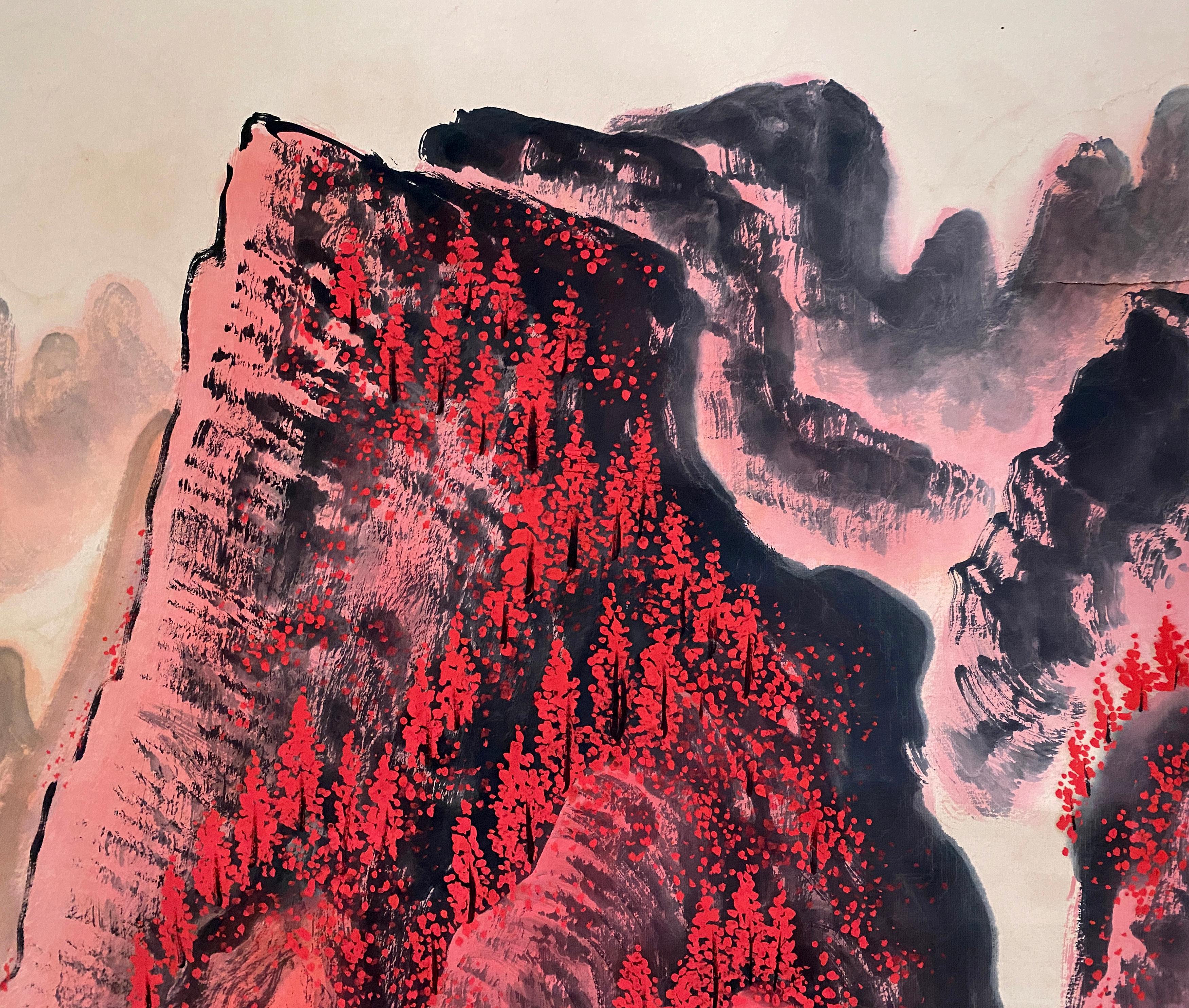 Li Keran Chinese "Ten Thousand Crimson Hills" Ink and Cinnabar on Paper ...