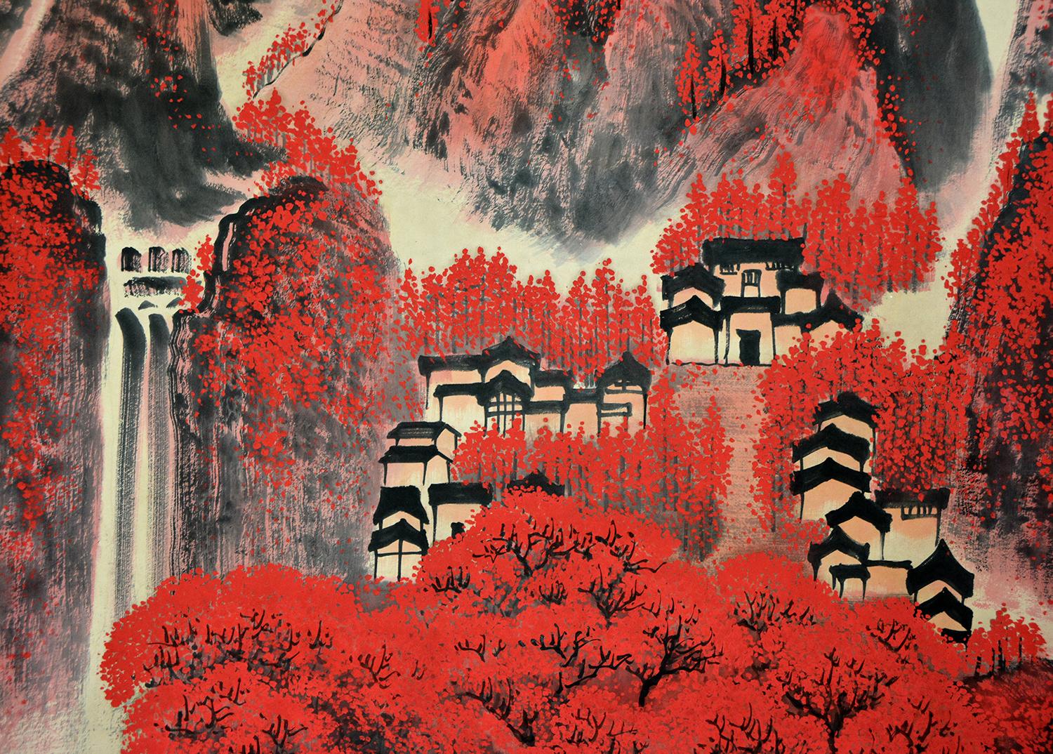 Li Keran Chinese "Ten Thousand Crimson Hills" Ink and Cinnabar on Paper ...