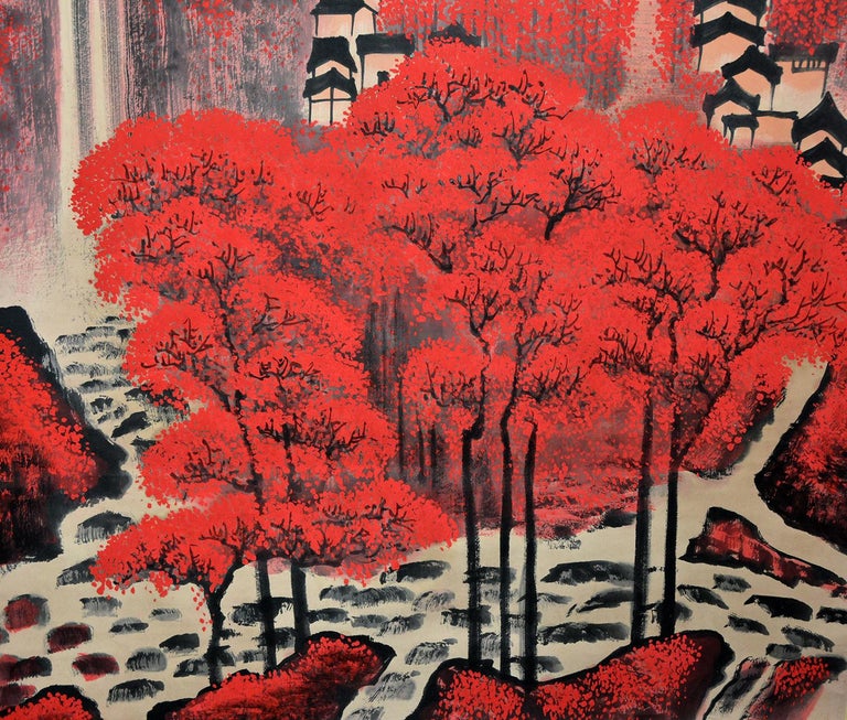Li Keran Chinese "Ten Thousand Crimson Hills" Ink and Cinnabar on Paper ...