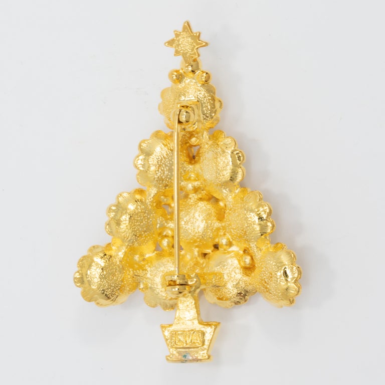 LIA Gold Christmas Tree Brooch, Festive Crystal Decorated Conifer Pin ...