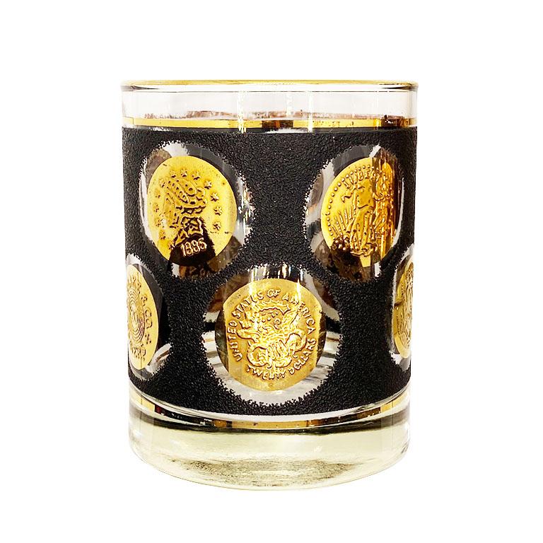 Libbey Black and Gold Coin Glass Tumblers, Set of 2 For Sale at 1stDibs