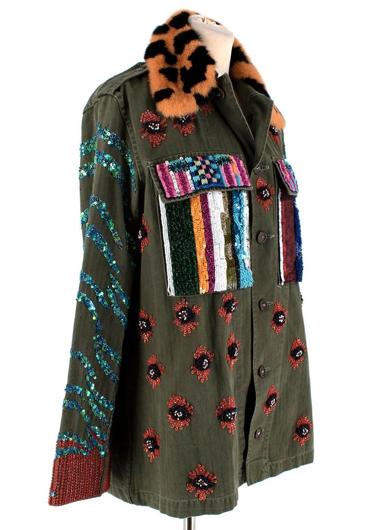 Libertine Green Embellished Army Jacket With Fur Collar - Size M/L at ...