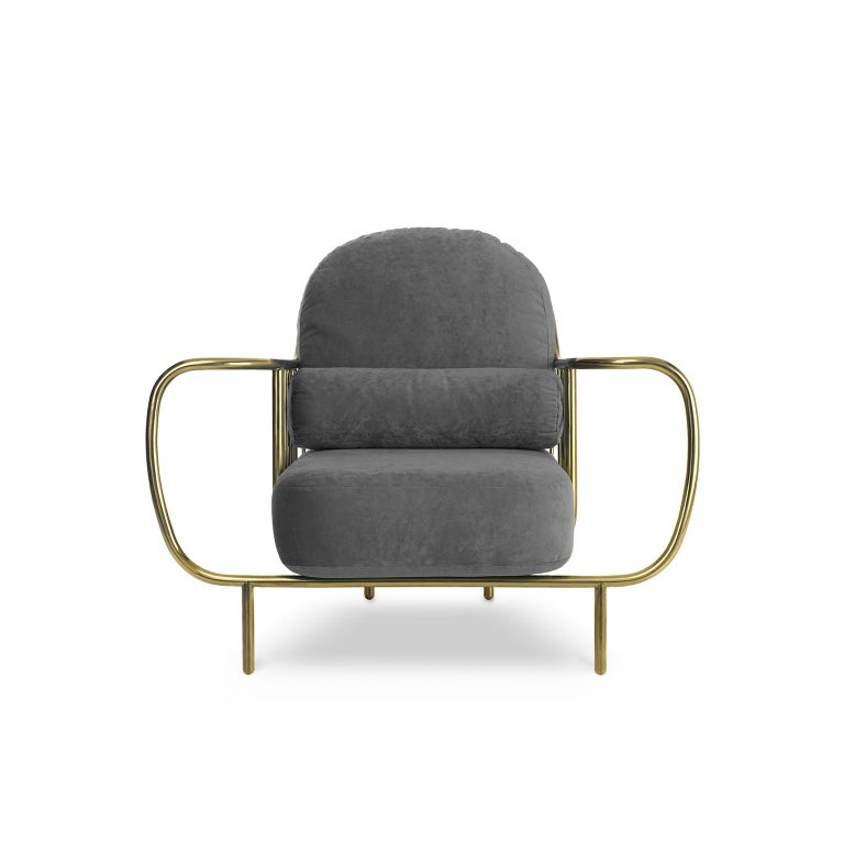 Contemporary Liberty Armchair in Polished Brass and Grey Velvet ...