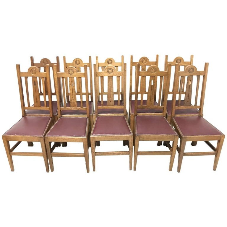 Liberty and Co, Ten Arts and Crafts Oak Dining Chairs with Stylised ...