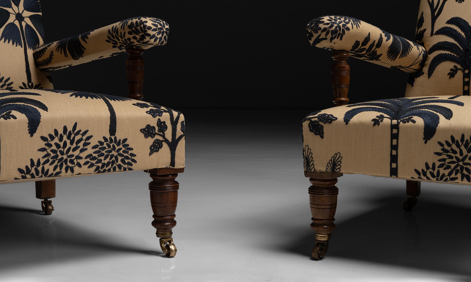 Library Chairs in Embroidered Linen by Pierre Frey, England circa 1920 ...