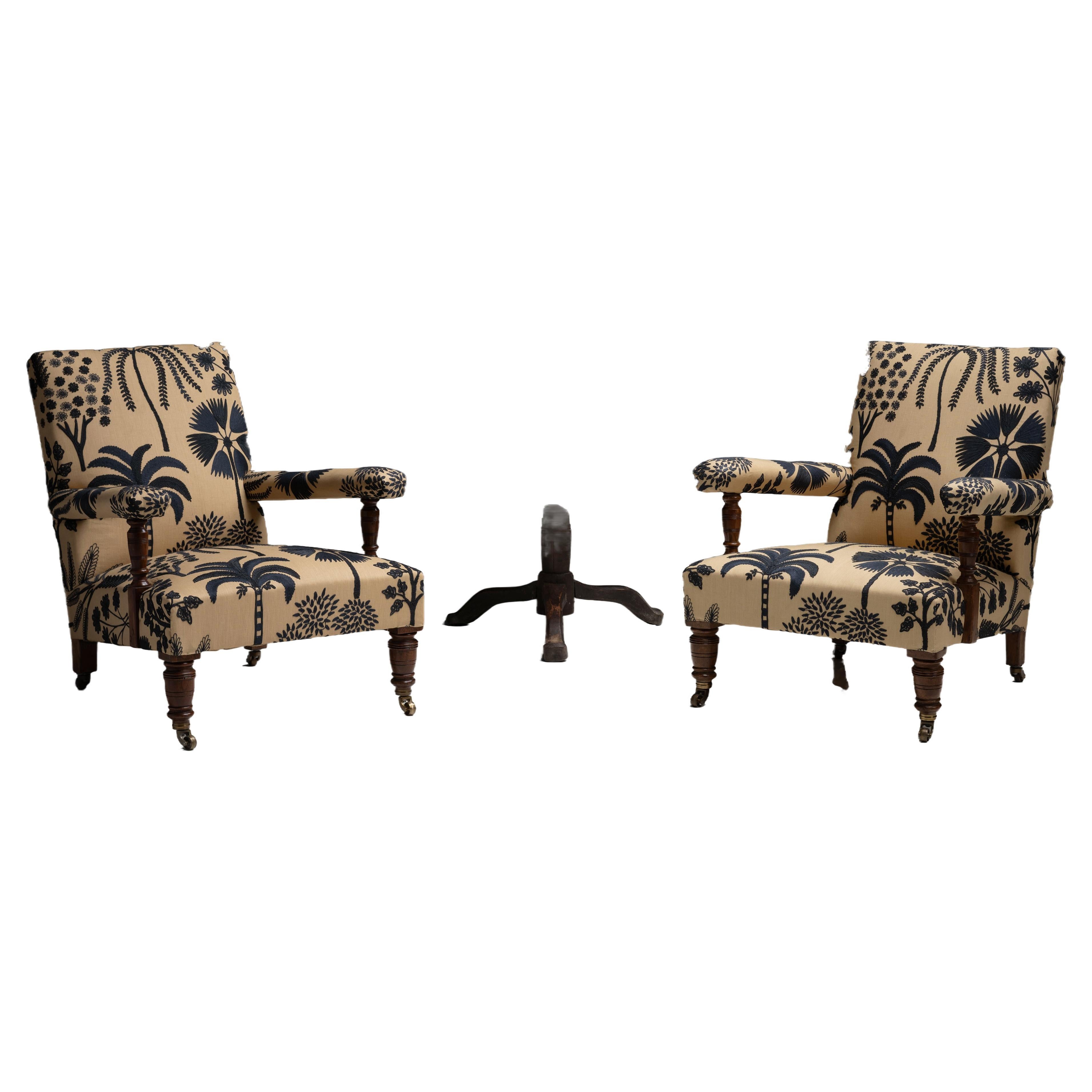 Library Chairs in Embroidered Linen by Pierre Frey, England circa 1920 ...