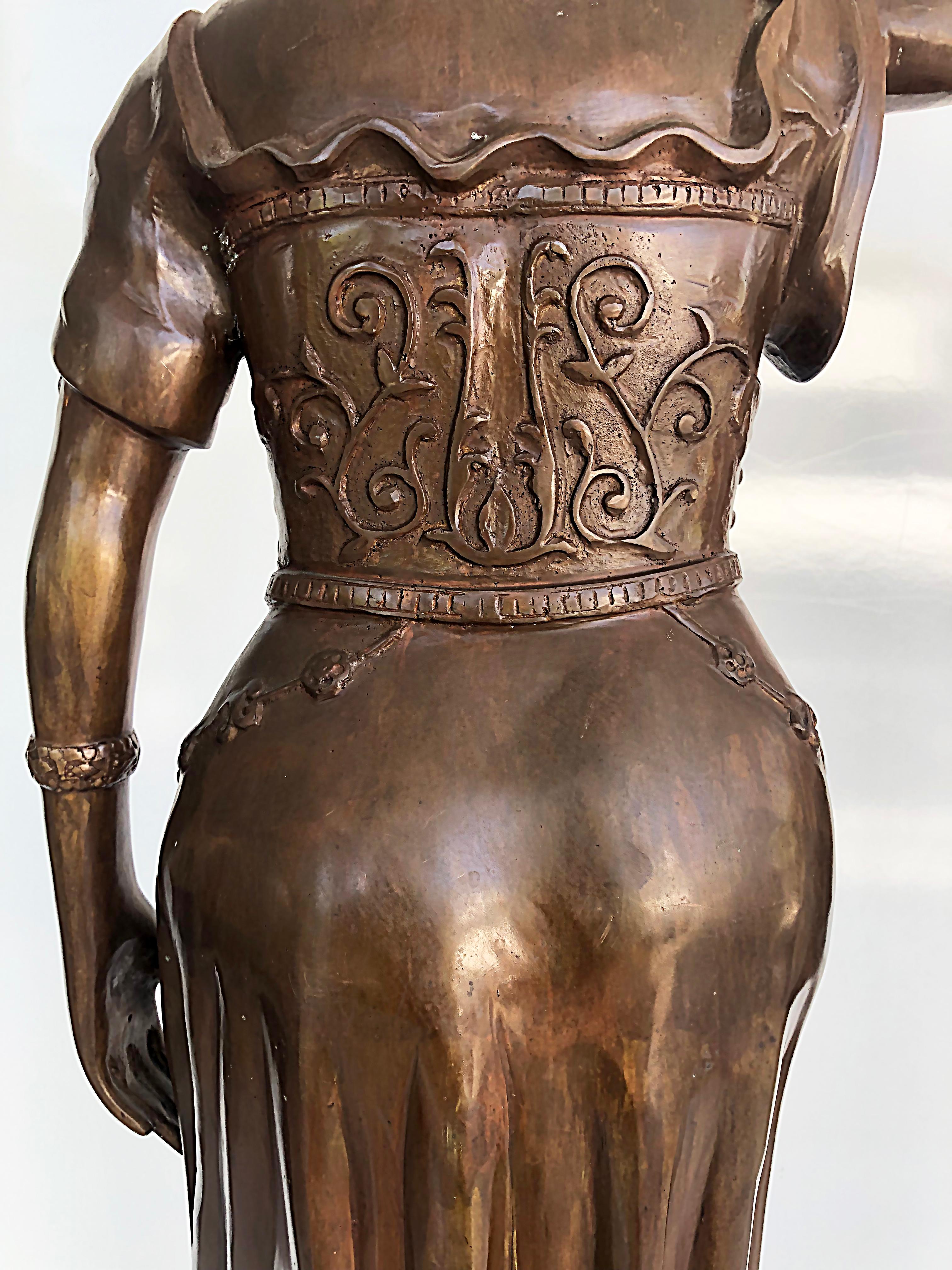 Life Size Spelter Torchère Light Statues on Plinths with Patina, Pair ...