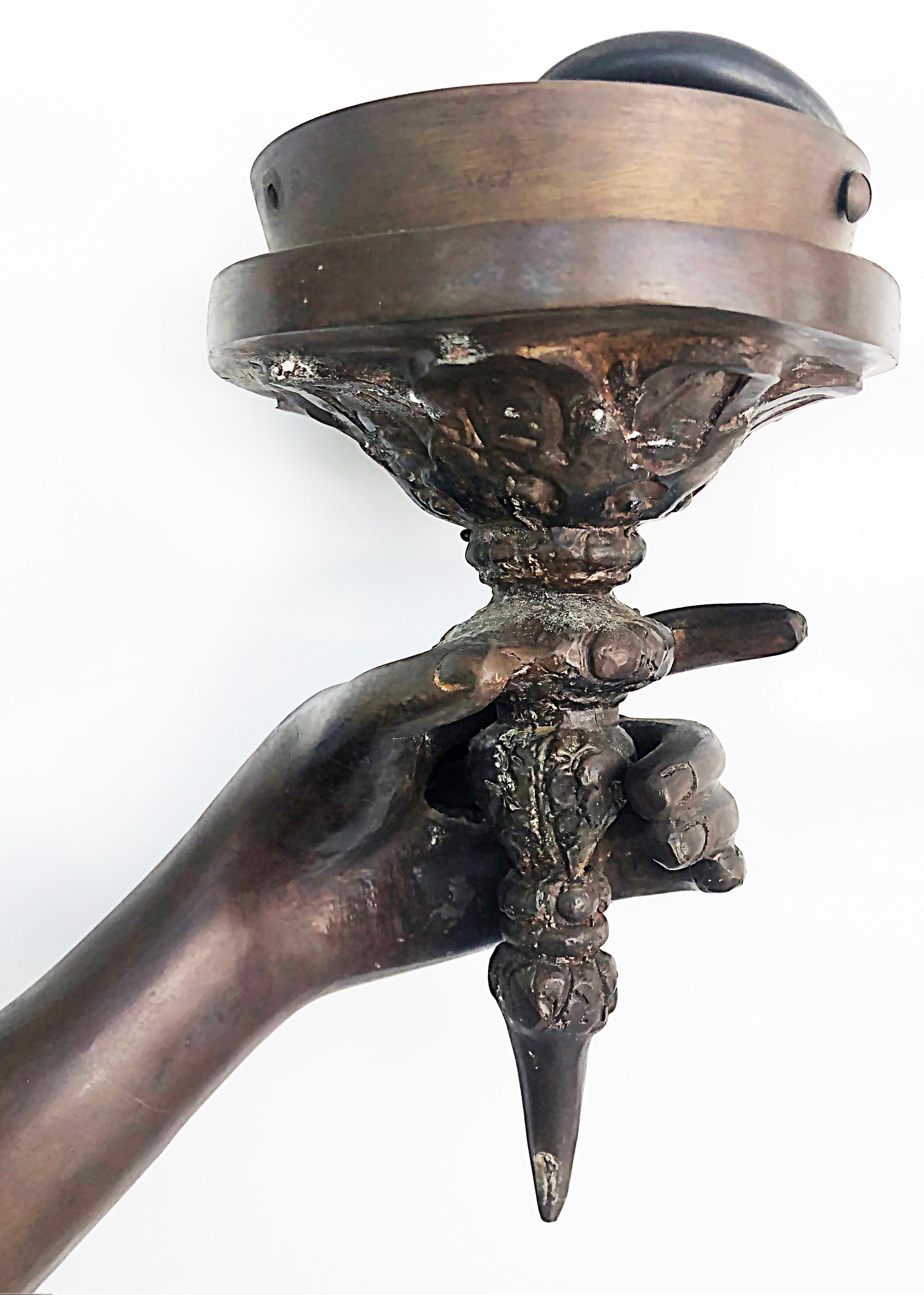 Life Size Spelter Torchère Light Statues on Plinths with Patina, Pair ...