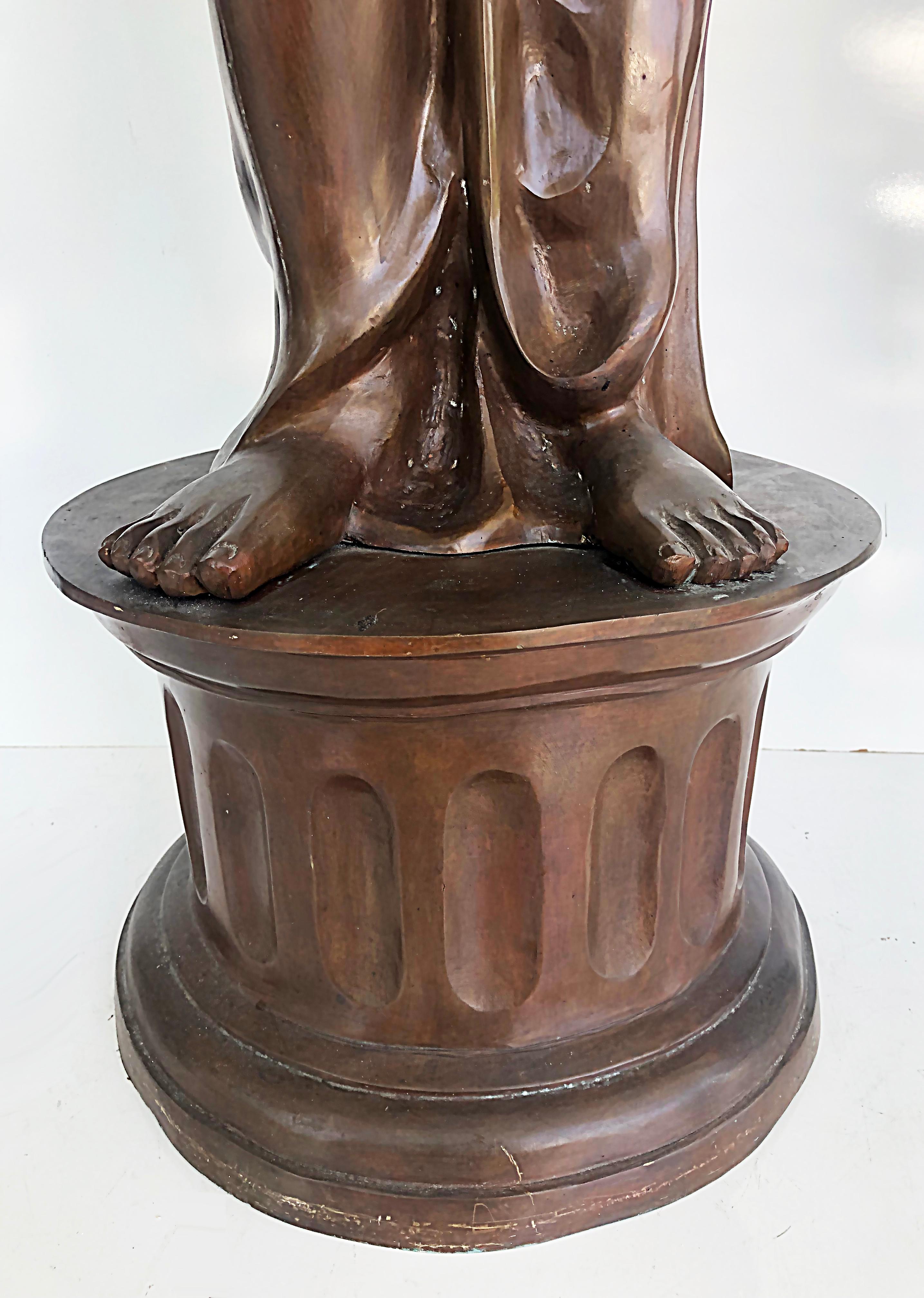 Life Size Spelter Torchère Light Statues on Plinths with Patina, Pair ...