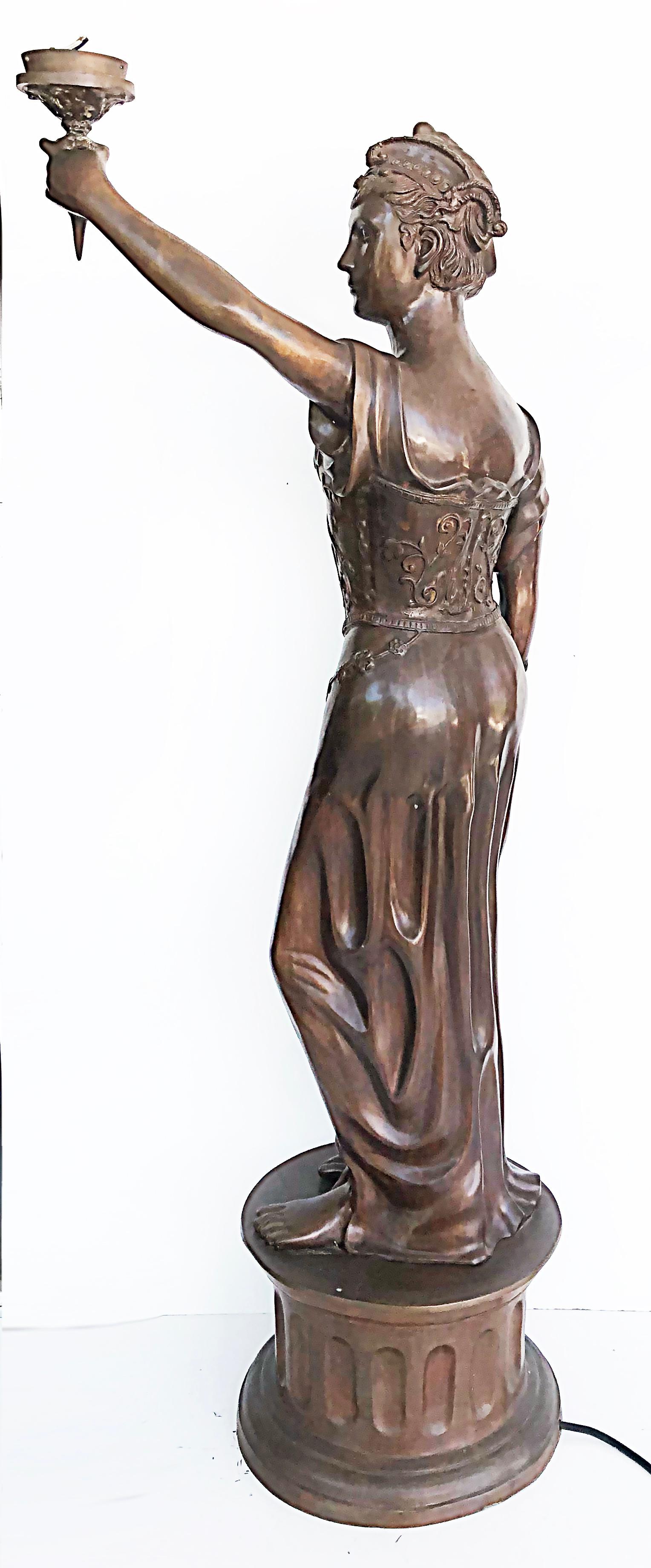 Life Size Spelter Torchère Light Statues on Plinths with Patina, Pair ...