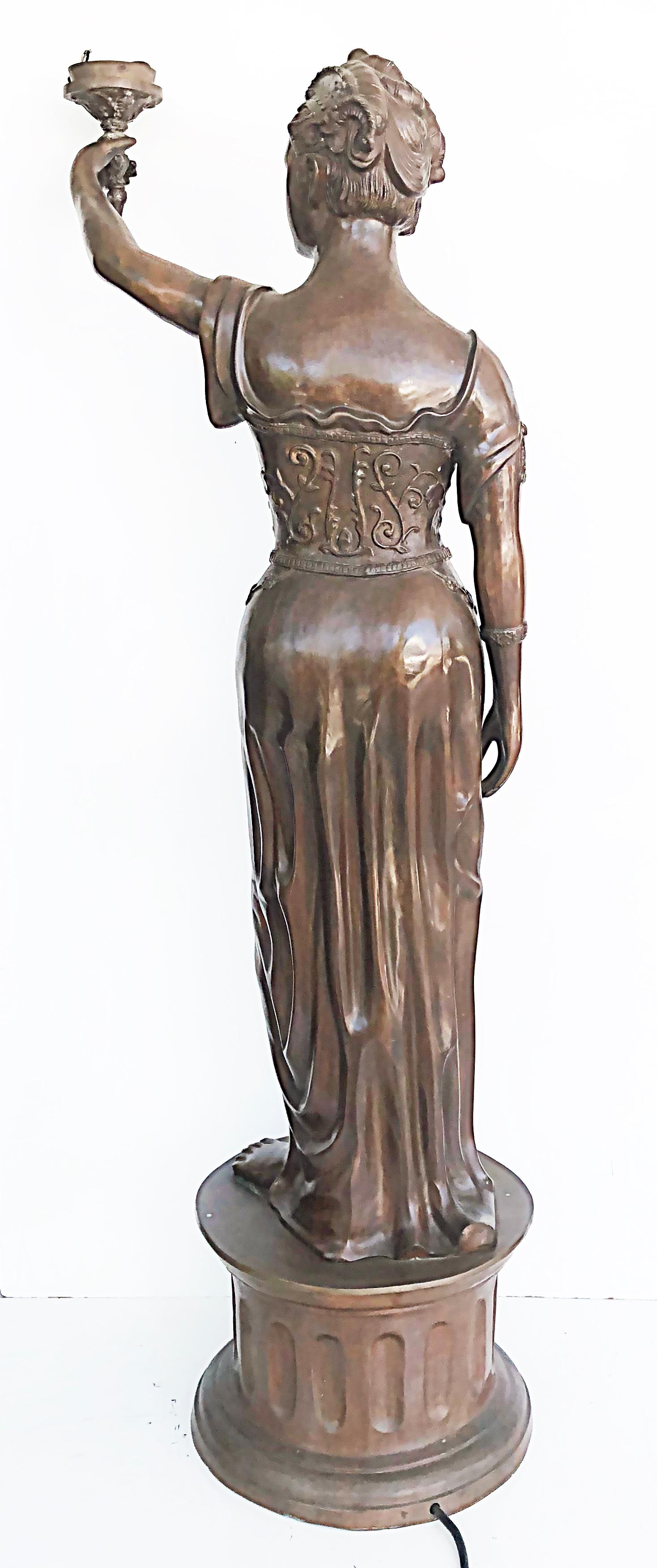 Life Size Spelter Torchère Light Statues on Plinths with Patina, Pair ...