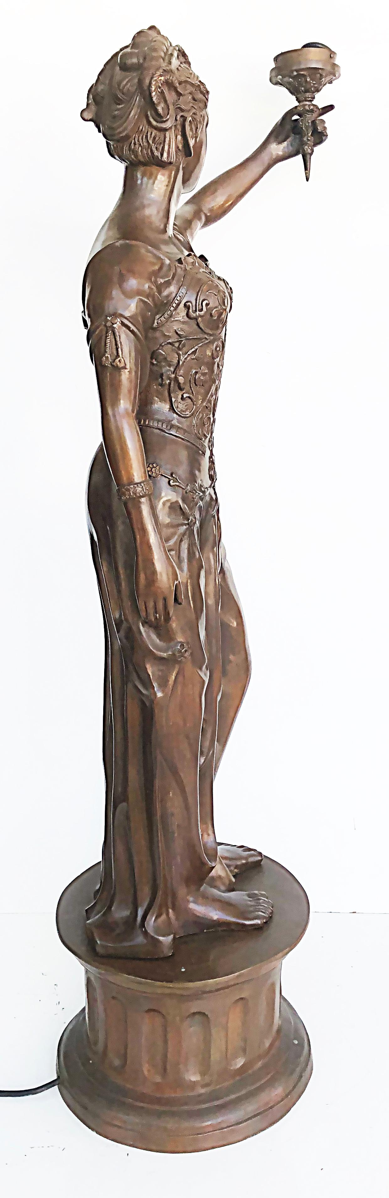 Life Size Spelter Torchère Light Statues on Plinths with Patina, Pair ...