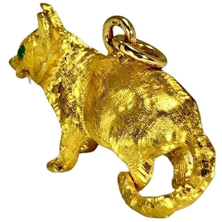 Lifelike 14K Yellow Gold Cat Pendant with 24K Gold Wash and Emerald ...