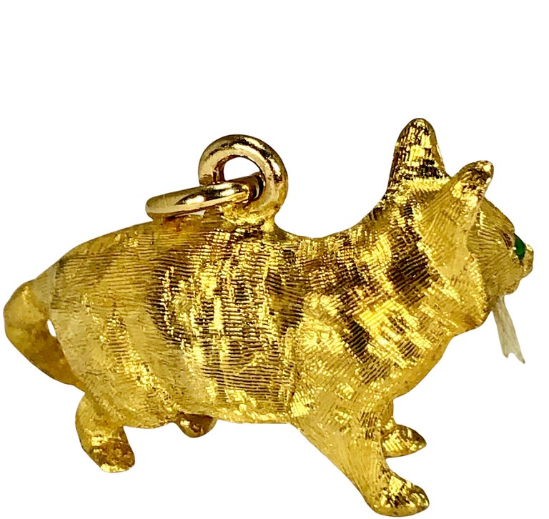Lifelike 14K Yellow Gold Cat Pendant with 24K Gold Wash and Emerald ...