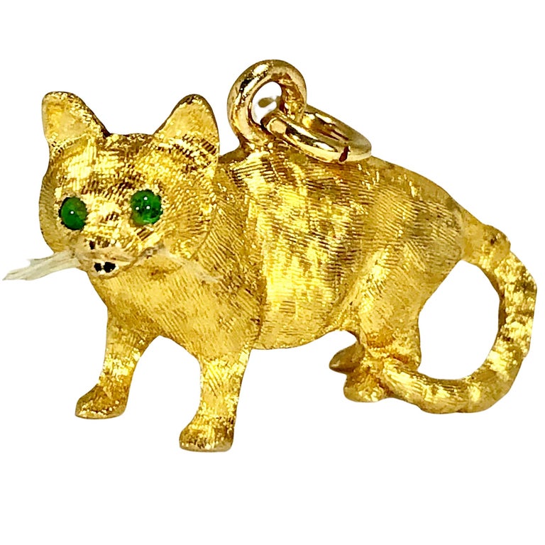 Lifelike 14K Yellow Gold Cat Pendant with 24K Gold Wash and Emerald ...