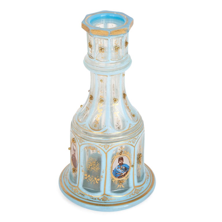 Light Blue and Gilded Bohemian Glass Huqqa Base For Sale at 1stDibs