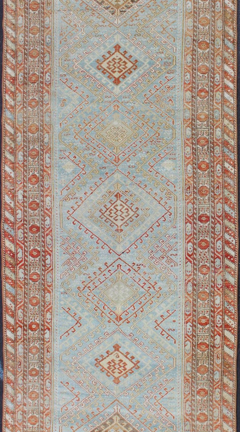 Light Blue and Soft Range Antique Persian Malayer Runner with Geometric ...