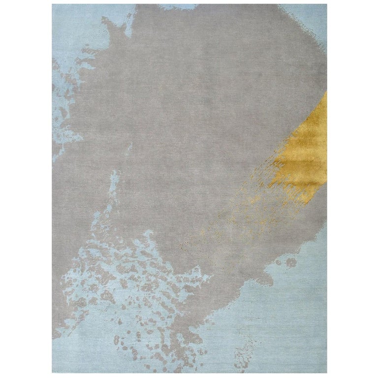 Light Blue Gray Gold Modern Abstract Hand Knotted Rug For Sale at 1stDibs