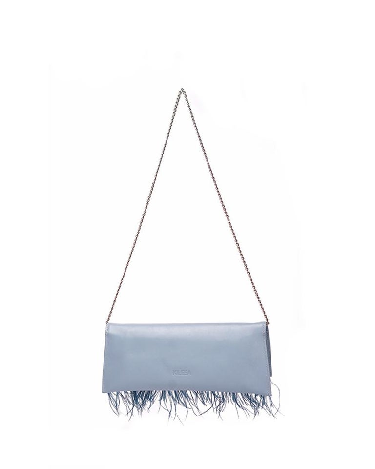 Light blue leather ostrich feathers shoulder bag NWOT For Sale at 1stDibs