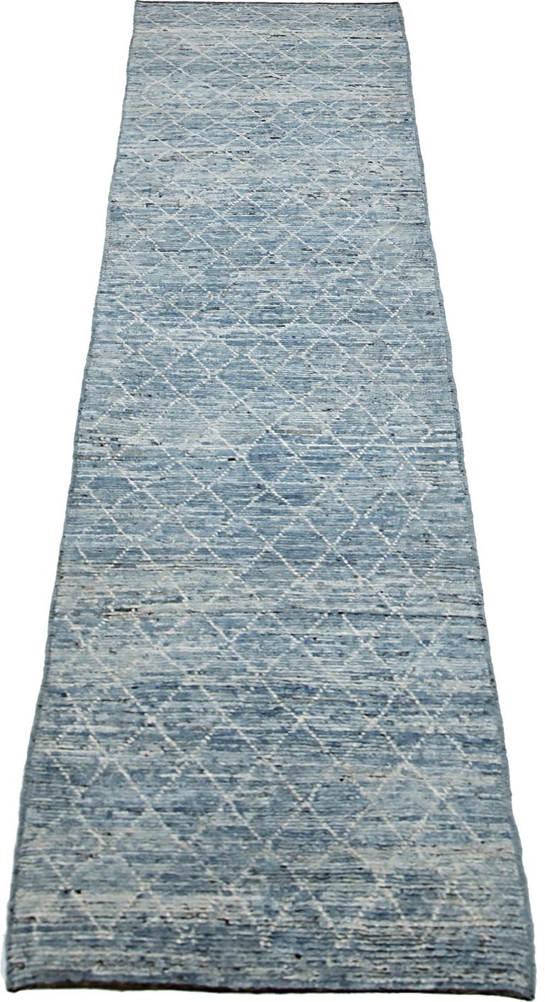 Light Blue Modern Moroccan Style Runner Rug. Size: 2 ft 9 in x 10 ft 9 ...