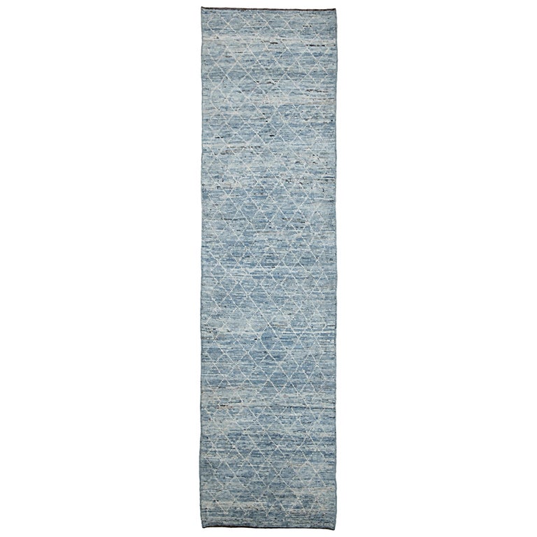 Light Blue Modern Moroccan Style Runner Rug. Size: 2 ft 9 in x 10 ft 9 ...
