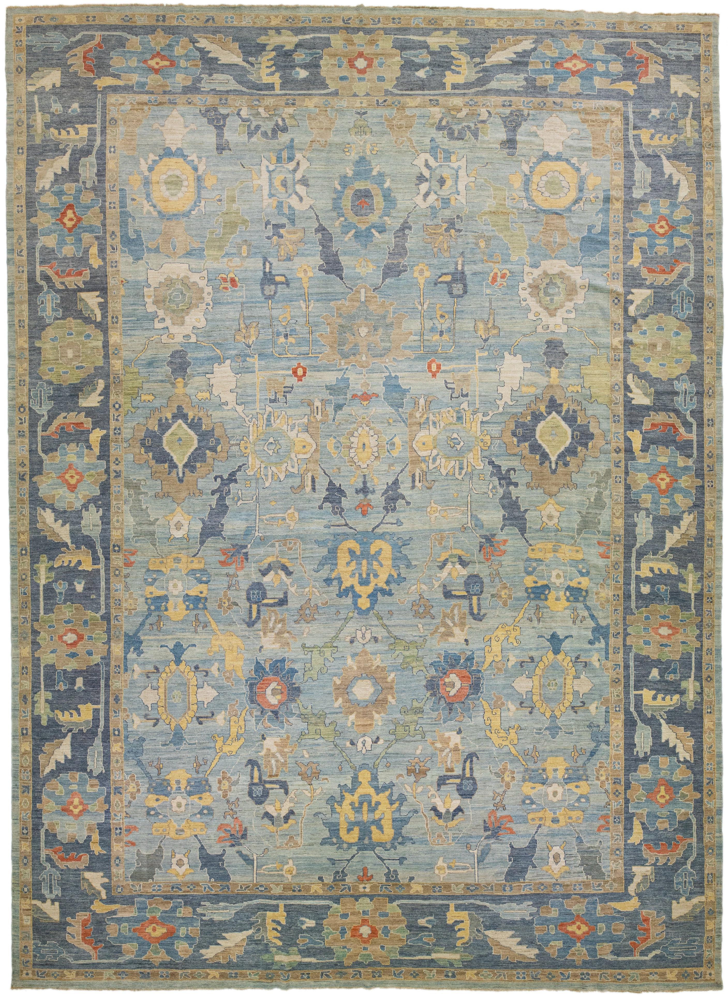 Light Blue Oversize Sultanabad Wool Rug Handmade with Allover Pattern ...
