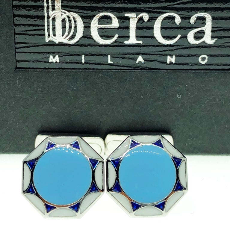 Light Blue White Navy Blue Hand Enameled Sterling Silver Cufflinks T ...