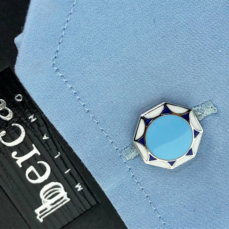 Light Blue White Navy Blue Hand Enameled Sterling Silver Cufflinks T ...