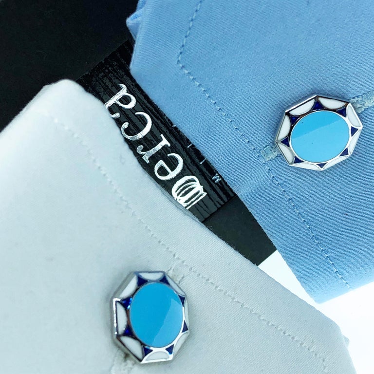 Light Blue White Navy Blue Hand Enameled Sterling Silver Cufflinks T ...