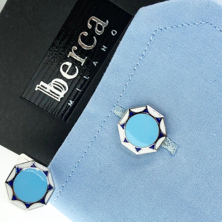 Light Blue White Navy Blue Hand Enameled Sterling Silver Cufflinks T ...