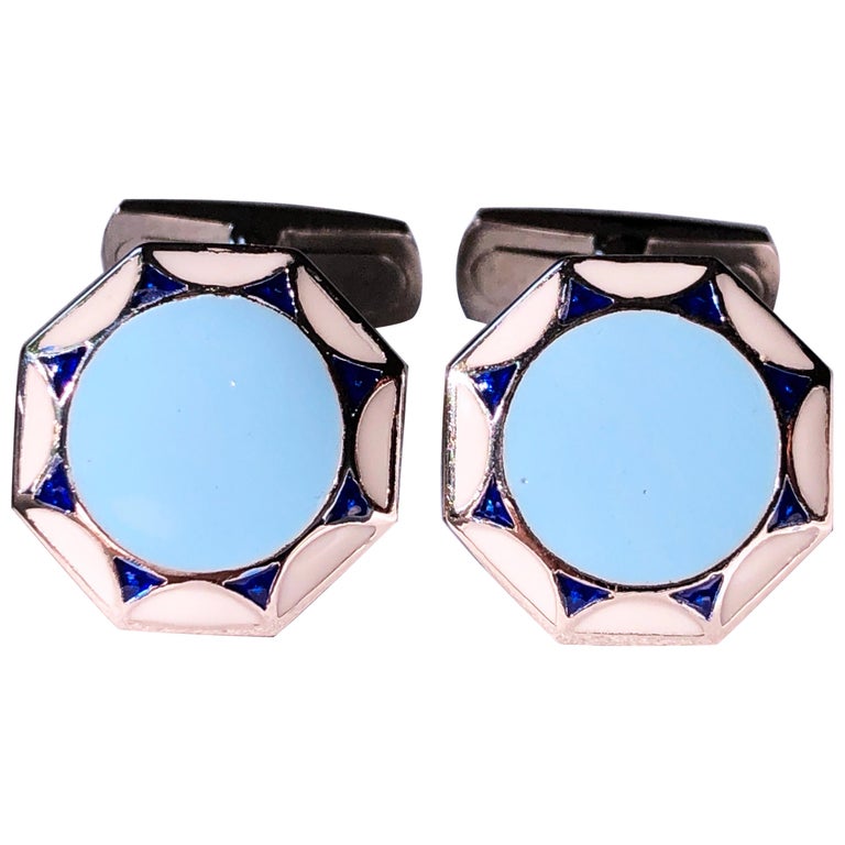 Light Blue White Navy Blue Hand Enameled Sterling Silver Cufflinks T ...