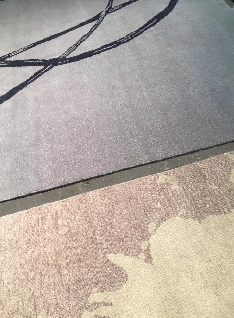 Light Blue with Navy Post Modern Hand Knotted Wool Rug in Japanese ...