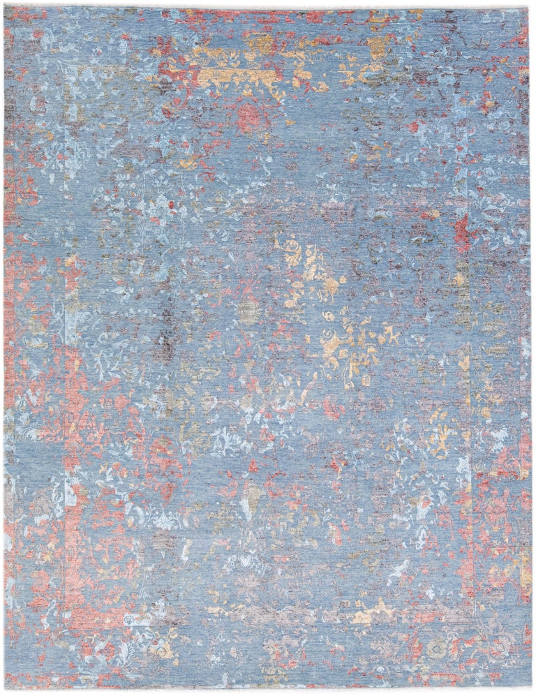 Light Blue Wool and Silk Modern Rug Handmade with Abstract Designed For ...