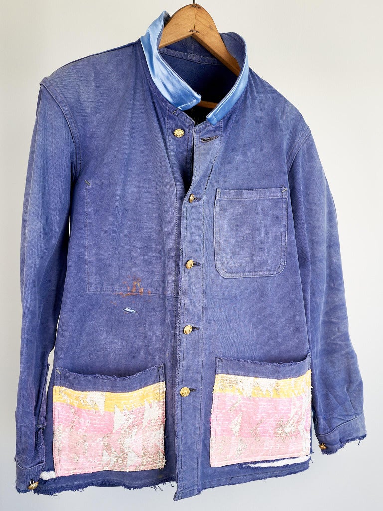 Light Blue Work Wear Jacket Pink White Gold Tweed Pockets Light Blue ...