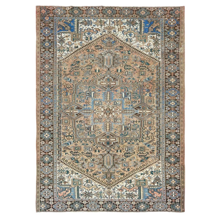 Light Brown Hand Knotted Vintage Persian Heriz Worn Down Rustic Feel ...