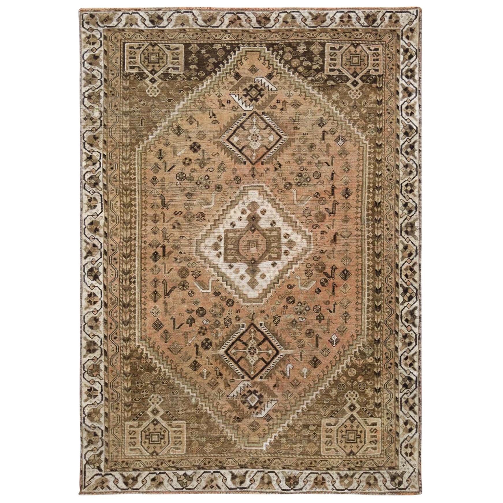 Handmade Tan Color Persian Shiraz Sheared Low Bohemian Vintage Wool Rug ...